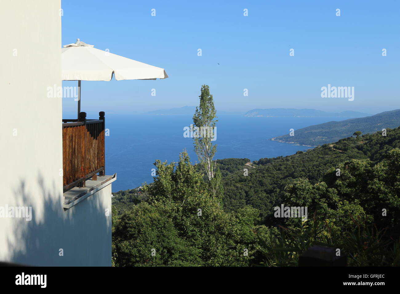 Balcony view at Tsagarada village overlooking Pelion peninsula, and the ...