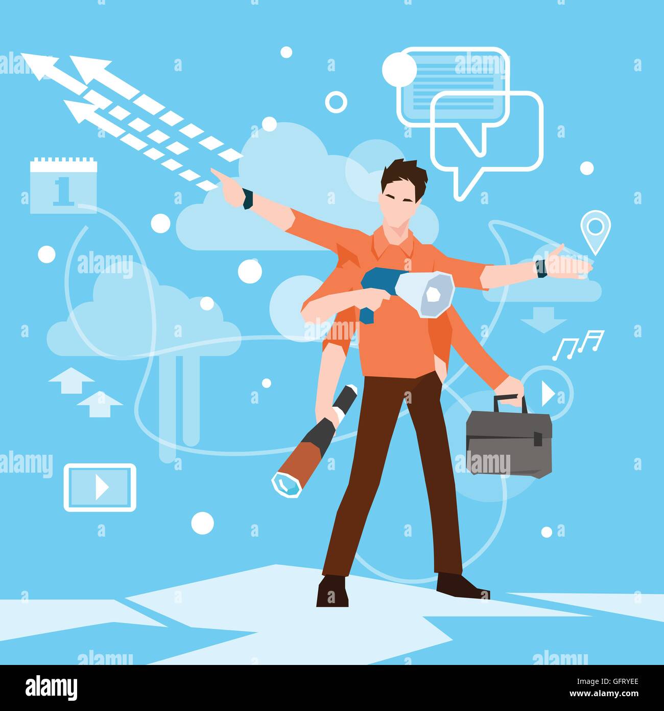 Busy Multitasking Manager Business Man With Many Hands Stock Vector ...