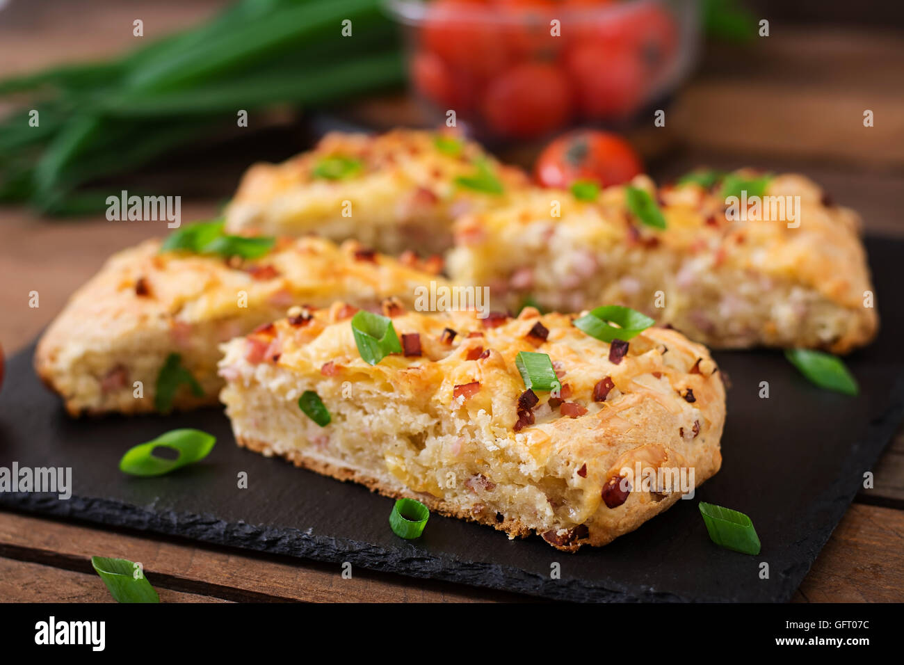 Soda scones (bread) with ham, cheese and chives. English cuisine Stock ...