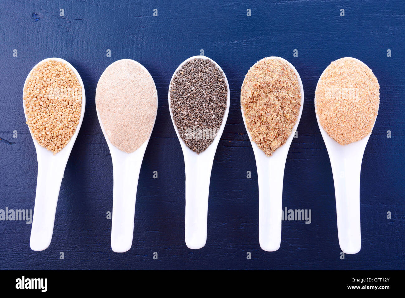 Grains including, white grain quinoa, psyllium husk powder, black chia ...