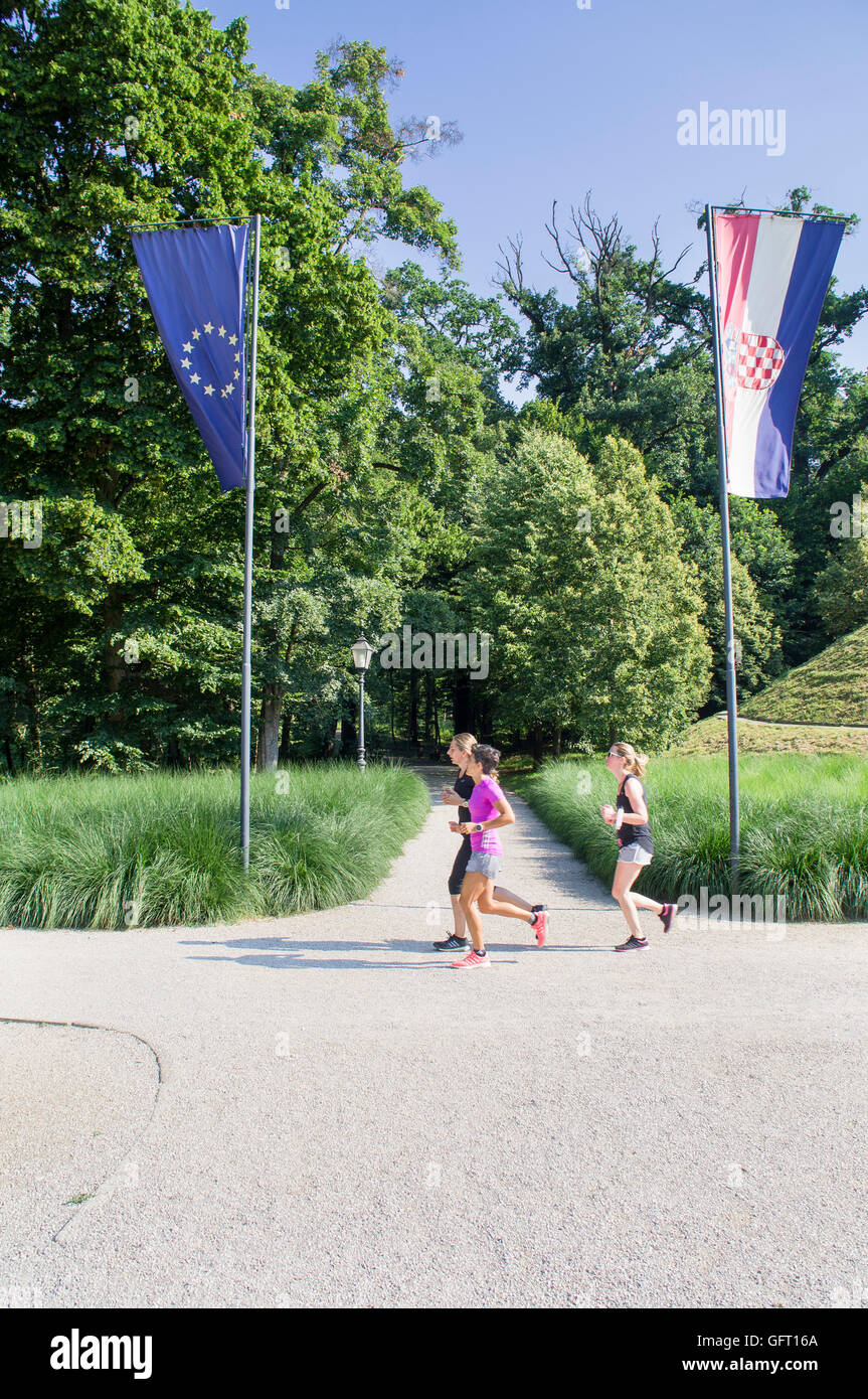Maksimir Park, Mogila, memorial mound, Croatian and European Union flag ...