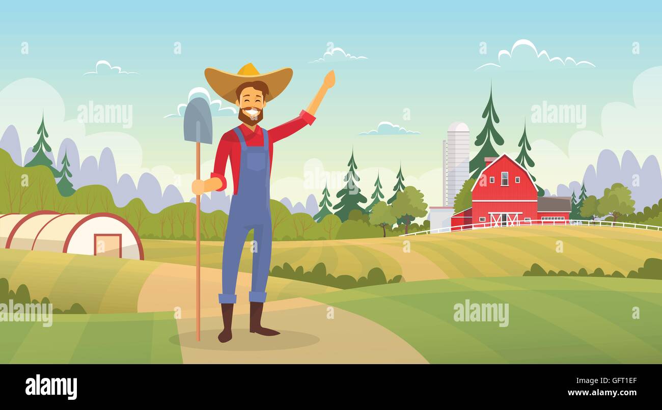Farmer Standing Show Farm, Farmland Countryside Landscape Stock Vector ...