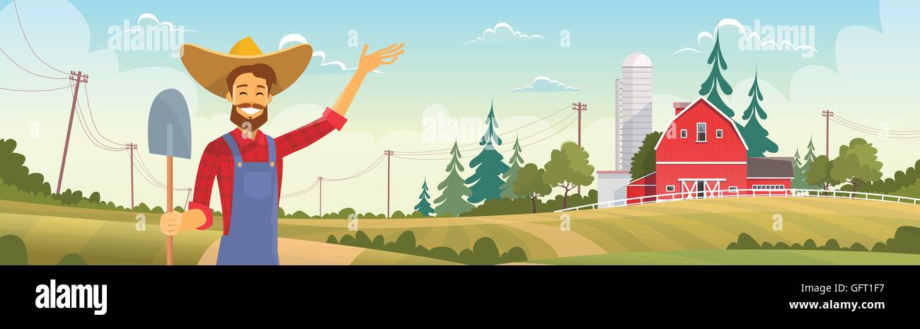 Farmer Standing Show Farm, Farmland Countryside Landscape Stock Vector ...