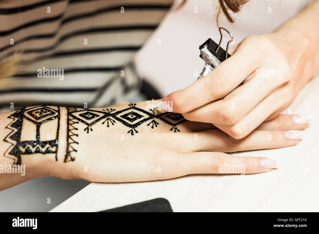 Process of applying Mehndi on female hand close up Stock Photo - Alamy