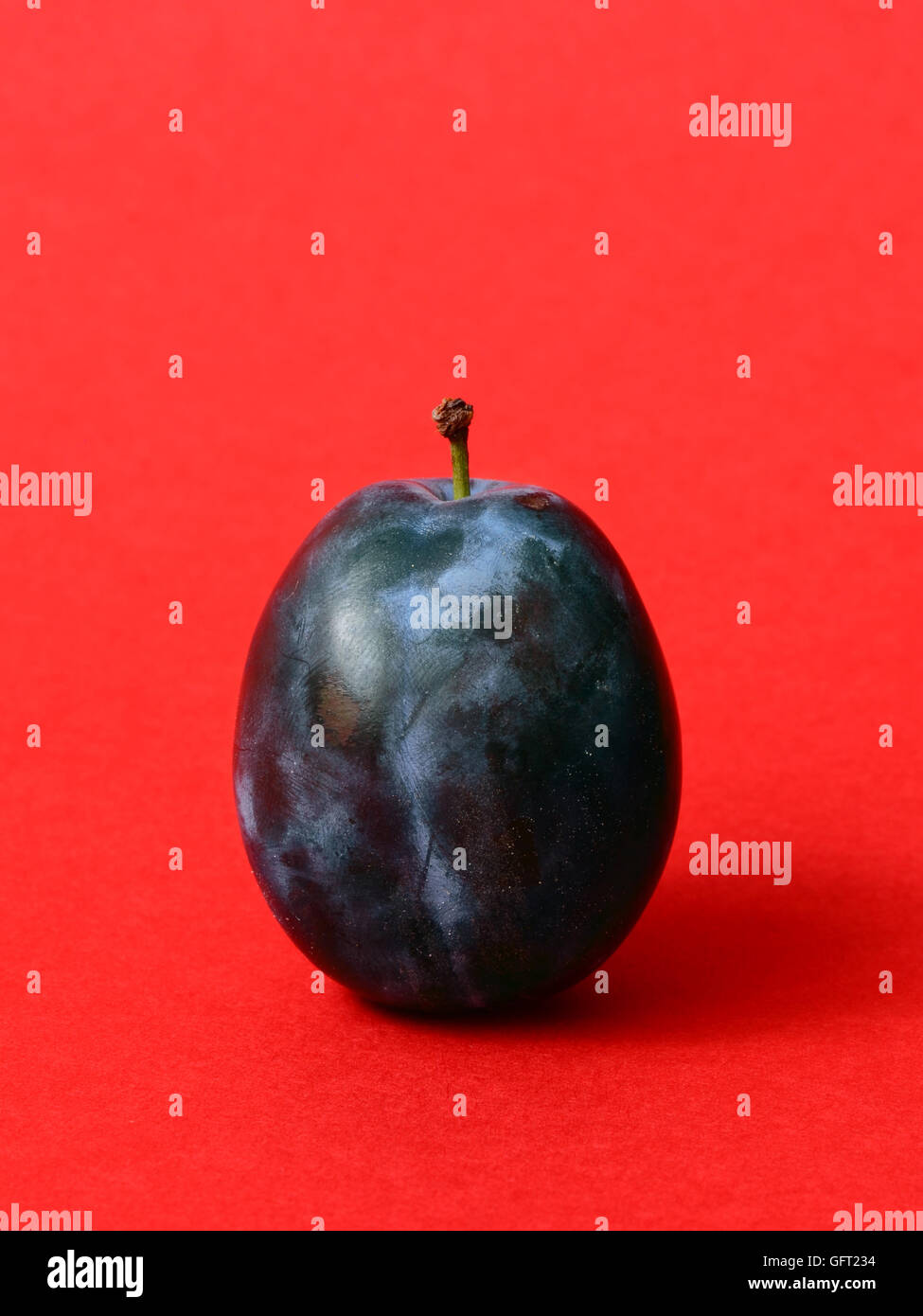 Single ripe prune, or plum on a red background Stock Photo - Alamy