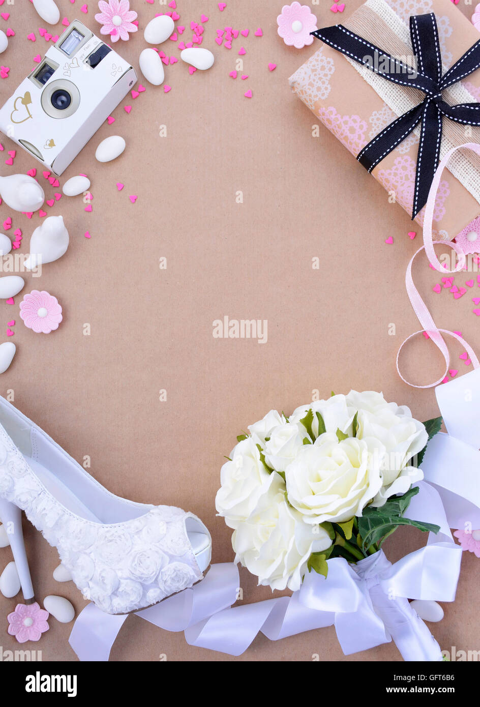 Wedding background with decorated borders and copy space on natural ...