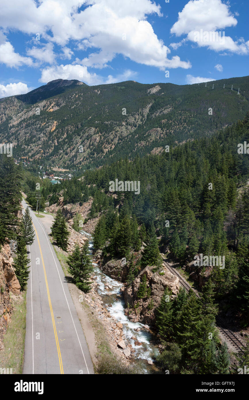 aerial view of stream and highway in the Colorado Rockies Stock Photo ...
