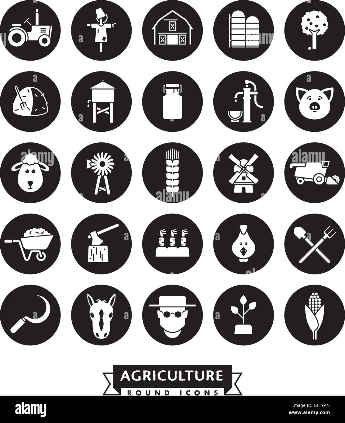 Solid black farming and agriculture vector round icons collection Stock ...