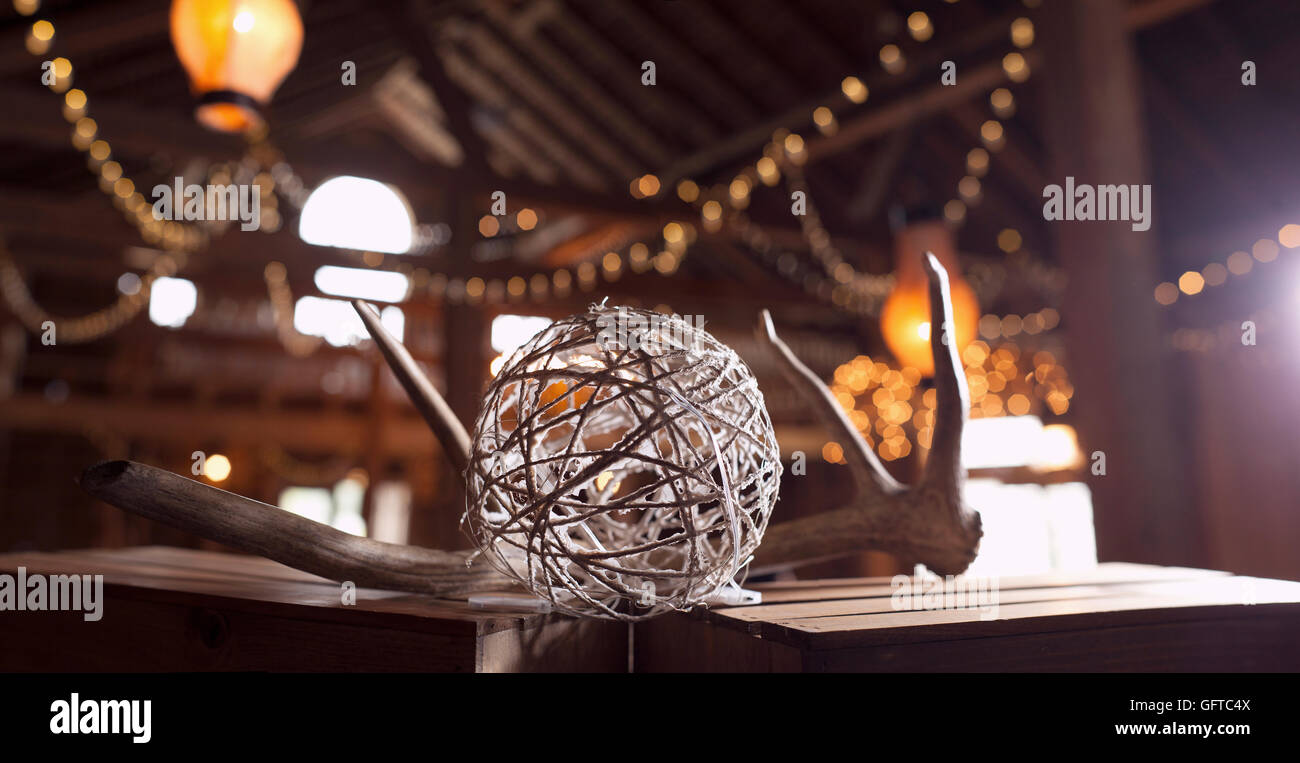 Wedding Reception Barn Twine Ball Antler Wood Lights Stock Photo - Alamy