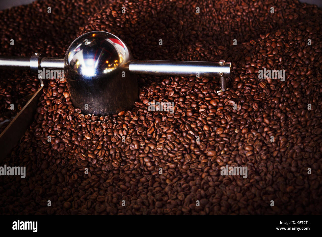 Coffee beans roasting in a drum being stirred with a metal paddle Stock ...