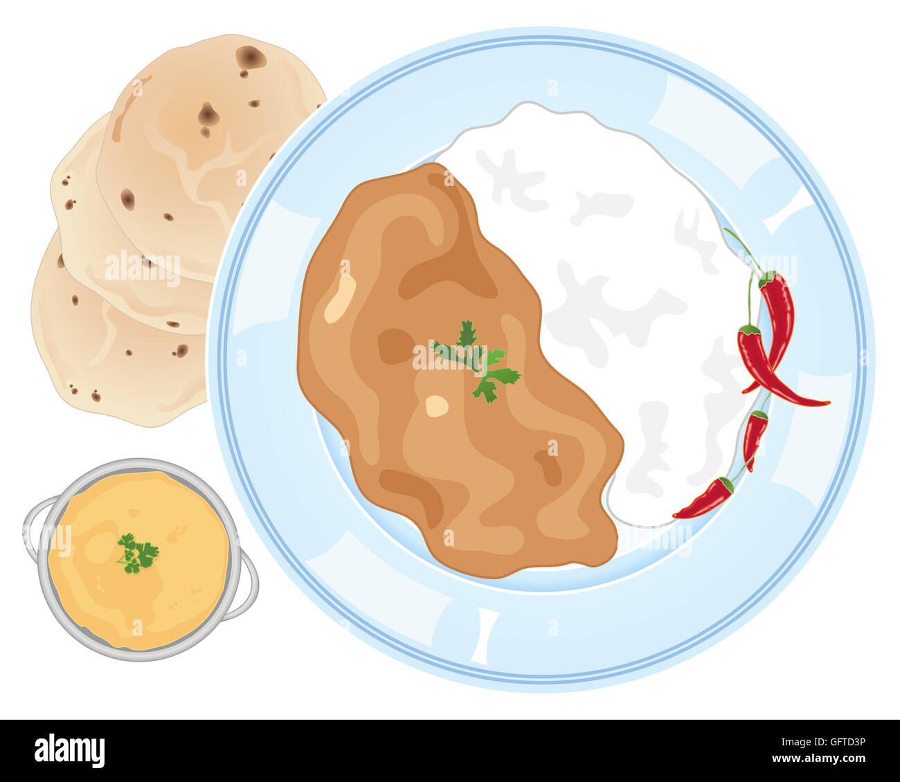 an illustration of an advert for freshly made curry and rice on a plate ...