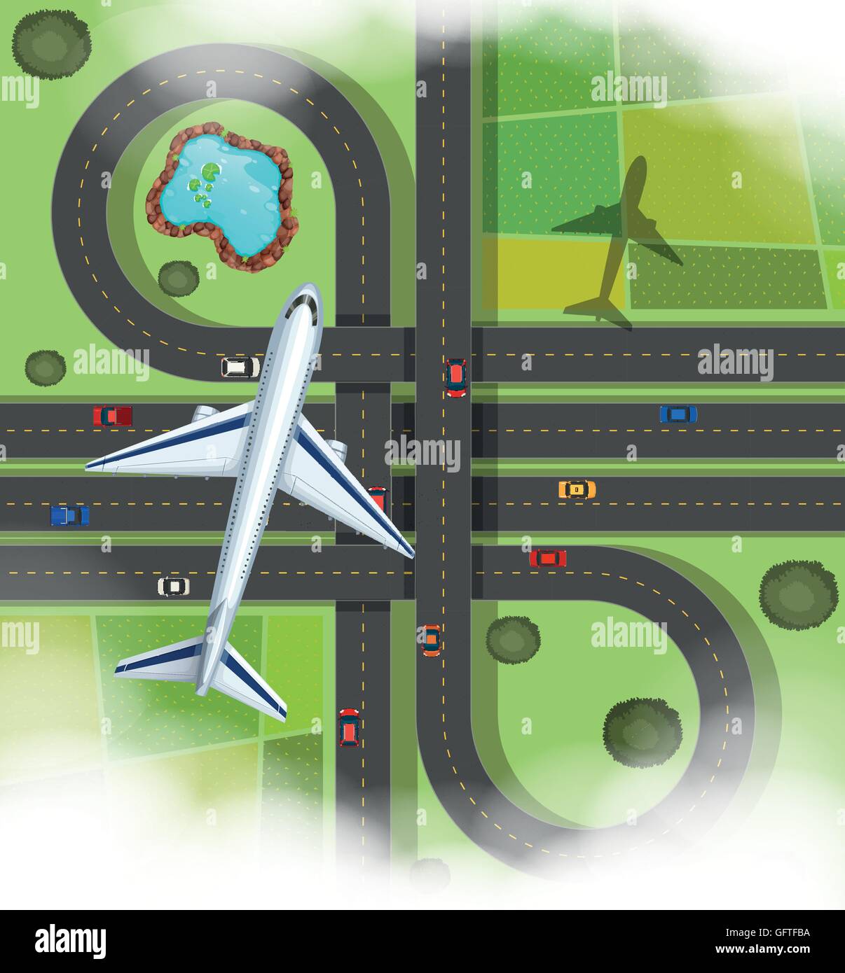 Aerial scene with airplane flying over the roads illustration Stock ...