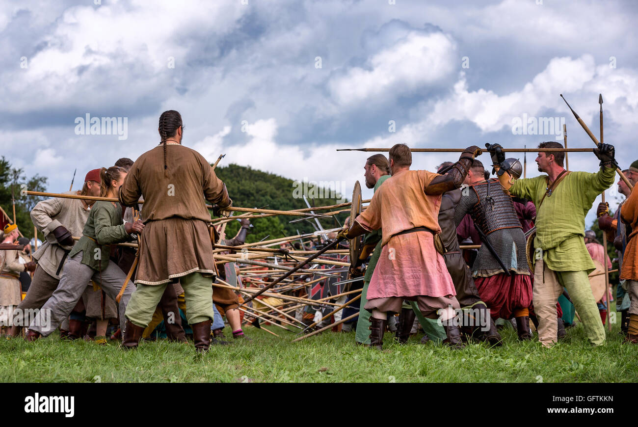 Viking warriors doing a battle at a viking re-enactment festival at ...