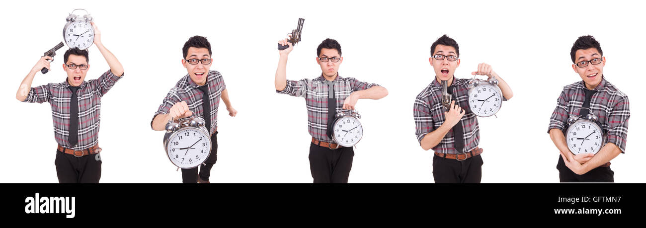Young man with clock isolated on white Stock Photo - Alamy