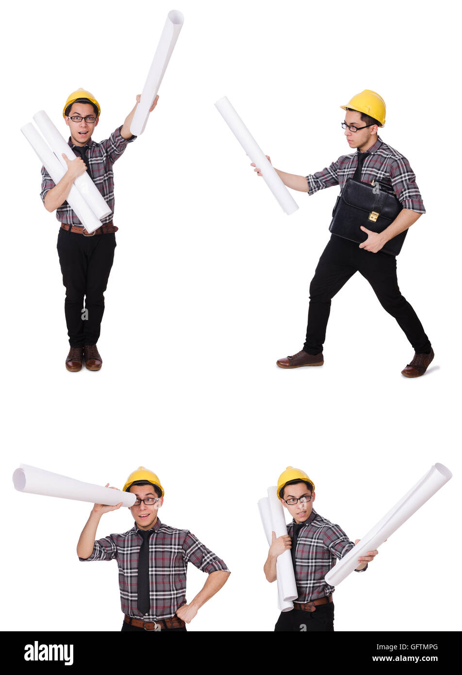 Funny man with blueprints on white Stock Photo - Alamy