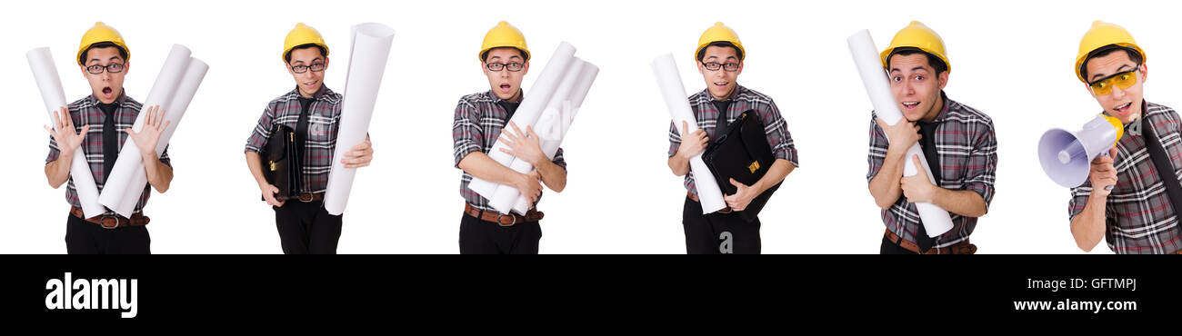 Funny man with blueprints on white Stock Photo - Alamy