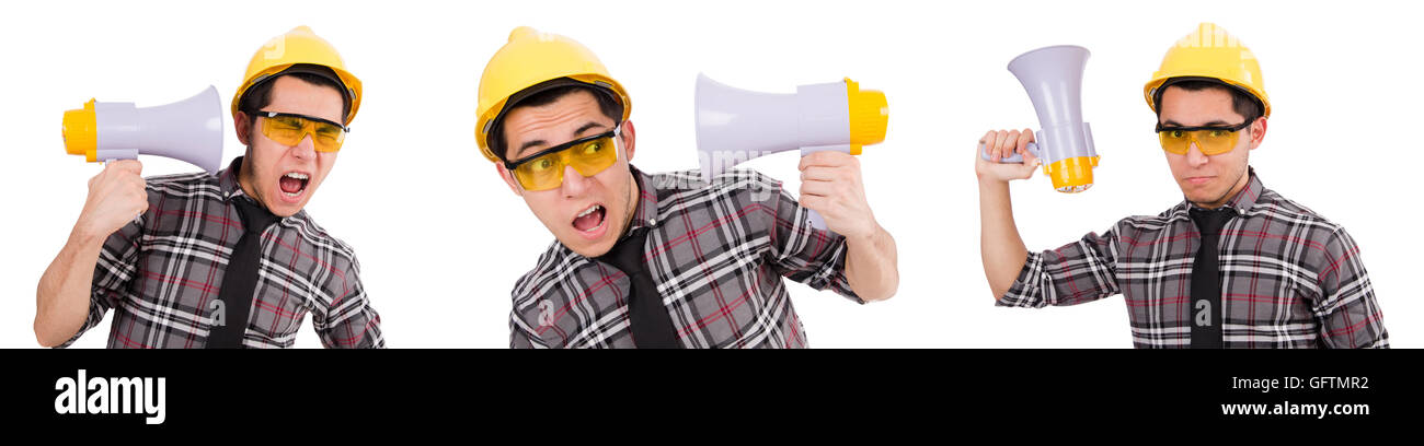 Young construction worker with loudspeaker isolated on white Stock ...