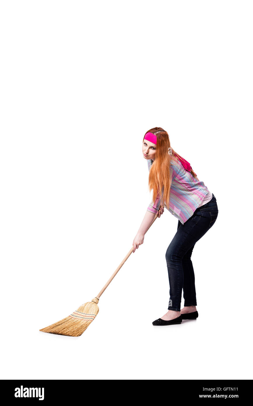 Funny woman with mop isolated on the white background Stock Photo - Alamy