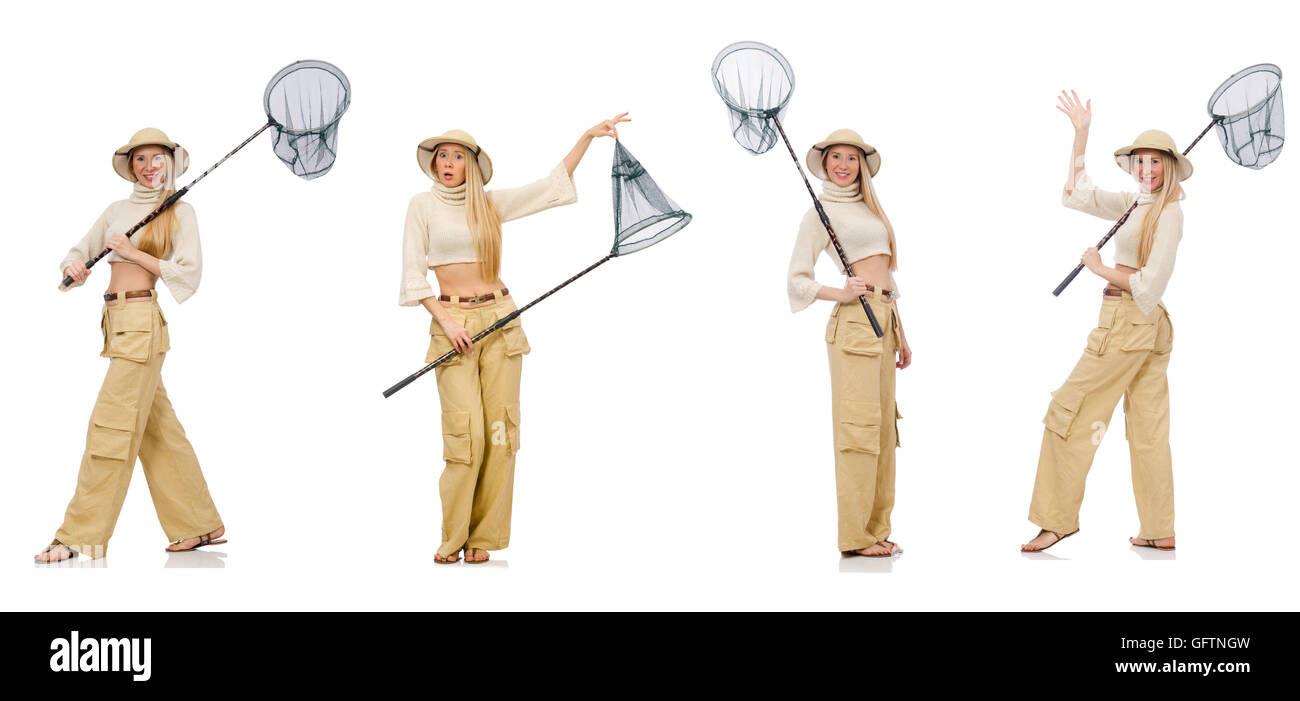 Woman with catching net on white Stock Photo - Alamy