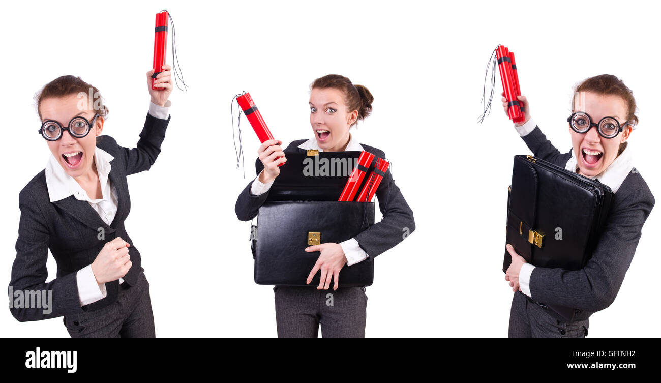 Woman businesswoman with dynamite stick isolated on white Stock Photo ...