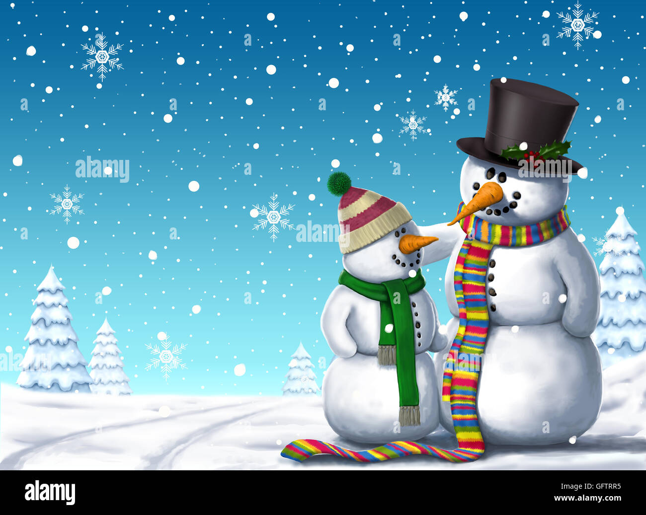 Snowman friends in the snow illustration Stock Photo - Alamy