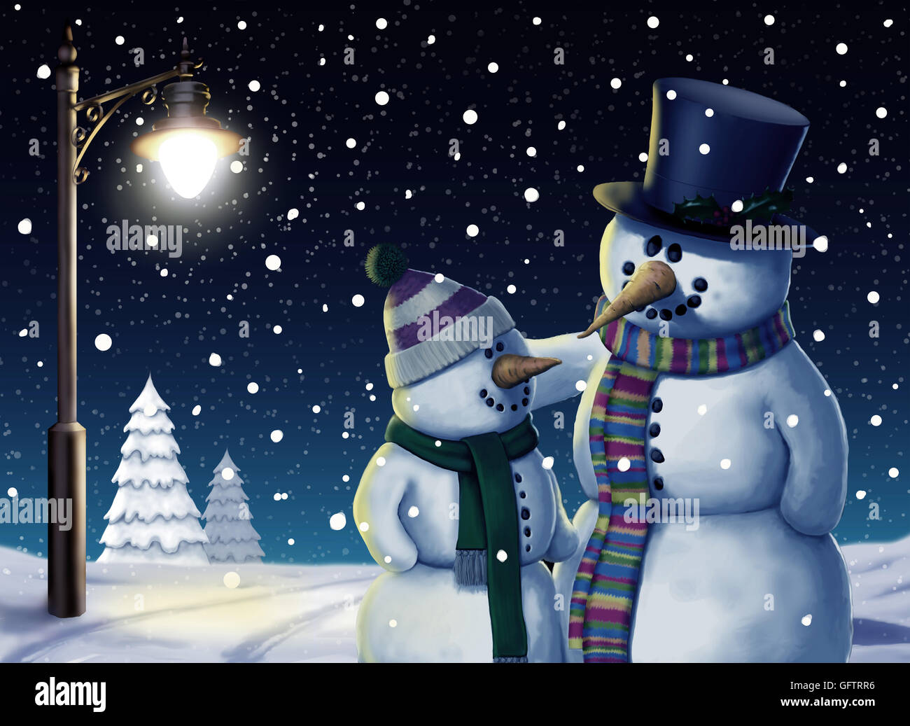 Snowman friends in the snow illustration at night Stock Photo - Alamy