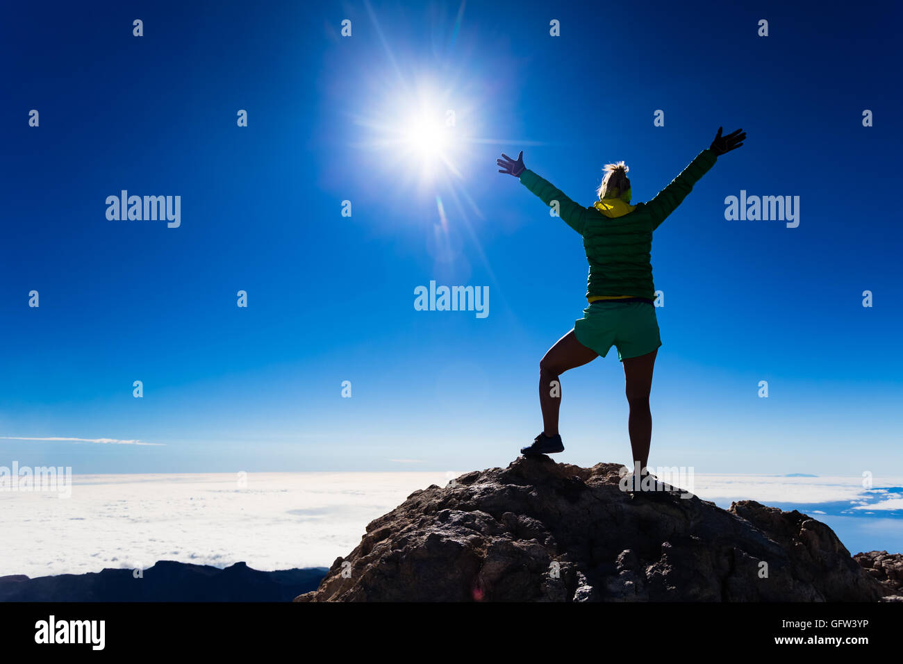 Woman successful hiking climbing silhouette in mountains, motivation ...
