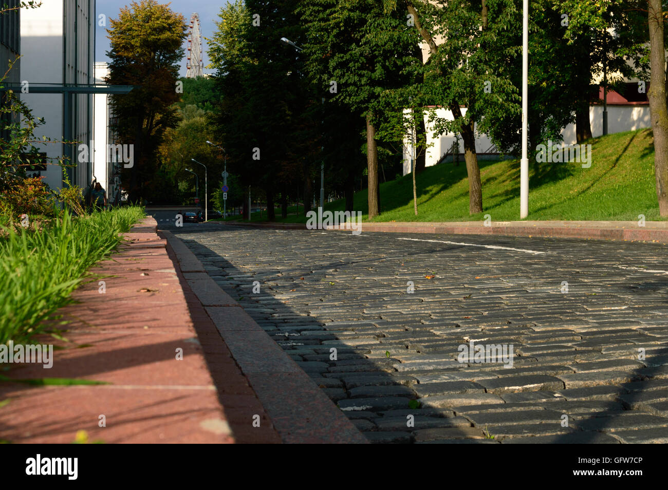 Paving stone road closeup. Green grass and trees at sides Stock Photo ...
