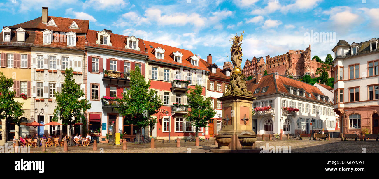 The Kornmarkt Square in Heidelberg, Germany, daytime panorama, faces ...