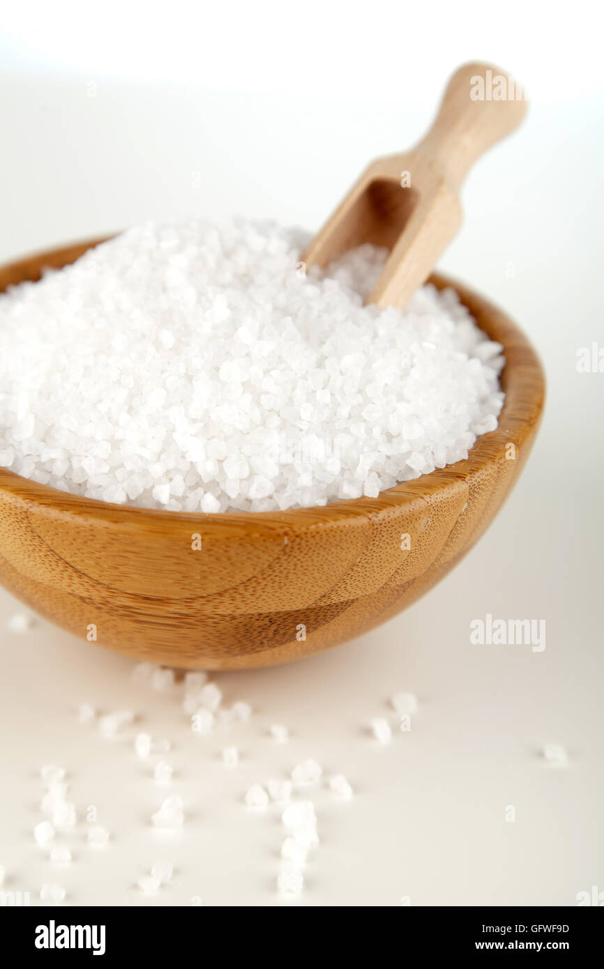 Salt in a bamboo bowl Stock Photo - Alamy