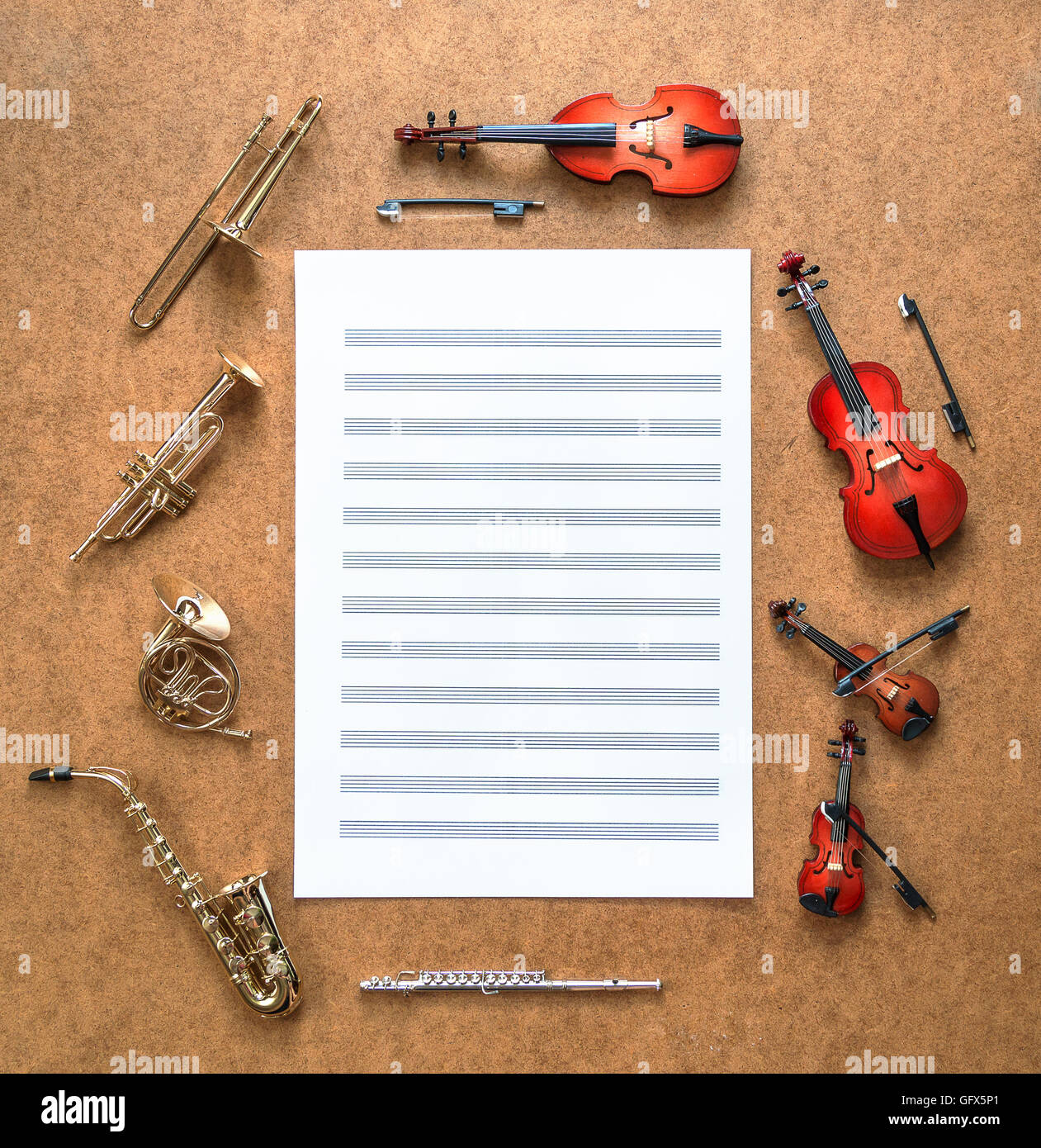 Set of five golden brass wind and four string musical orchestra ...