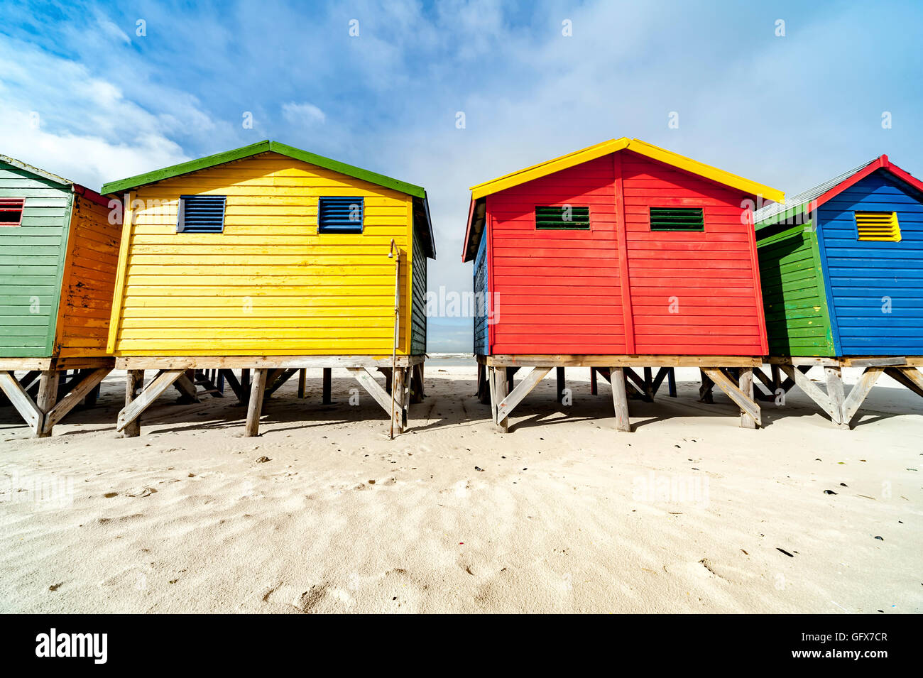 Colourful Victorian bathing boxes, Muizenberg Beach, South Africa Stock ...