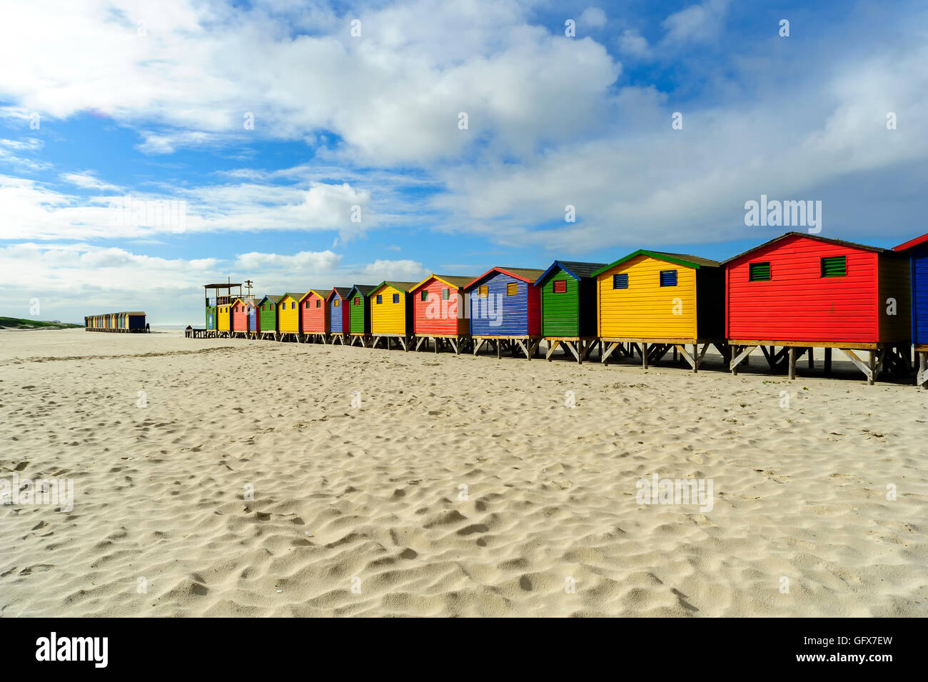 Colourful Victorian bathing boxes, Muizenberg Beach, South Africa Stock ...