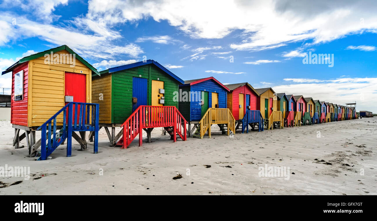 Colorful Victorian bathing boxes, Muizenberg Beach, South Africa Stock ...