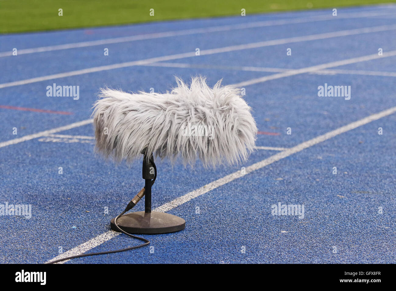 Big and furry professional sport microphone near the football field ...
