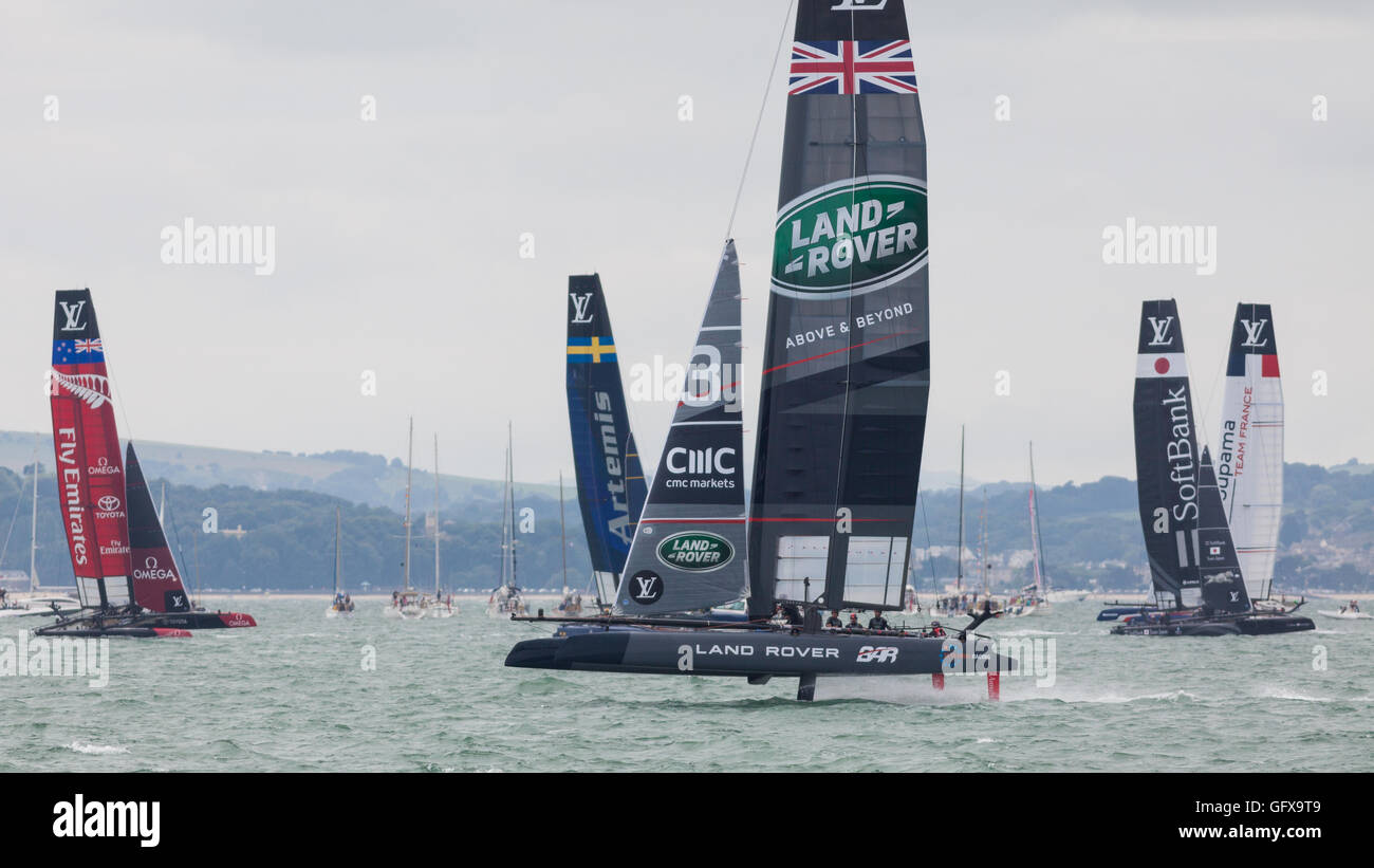 Land Rover BAR sailing team in action at the 2016 America's Cup World Series sailing event in ...