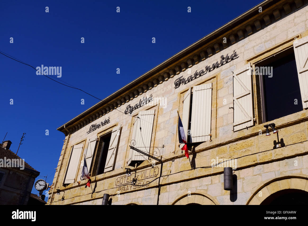 Liberte Egalite Fraternite or town hall Prayssac in Le Lot Region of ...