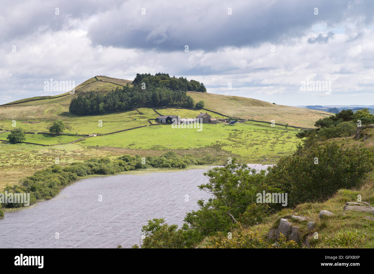 View from Hadrian's Wall looking east from above Crag Lough towards ...