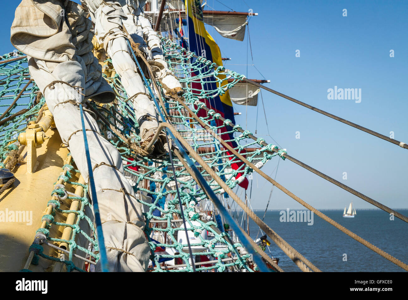 Bowsprit and furled fore sails on square-rigged ship Mir (Peace) in ...