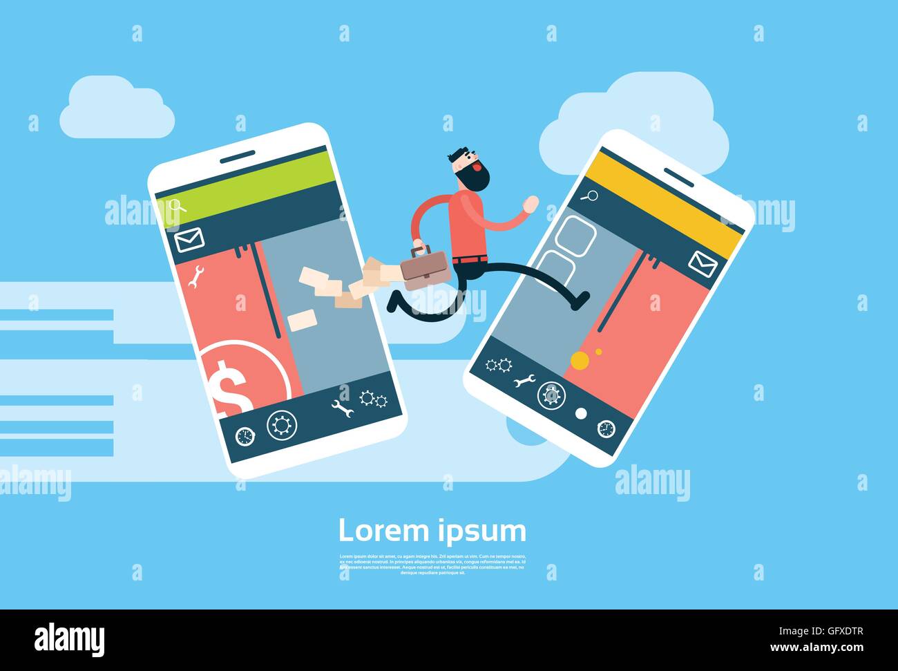 Business Man Run From Cell Smart Phone Holding Briefcase Losing Paper ...