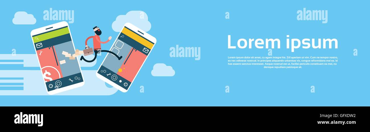 Business Man Run From Cell Smart Phone Holding Briefcase Losing Paper ...