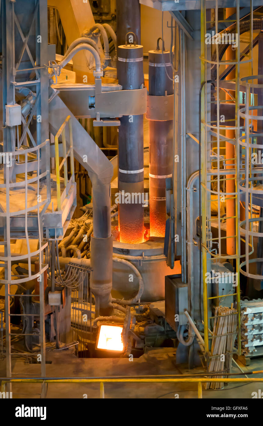 Photograph shows the melting of steel electrically on modern technology ...
