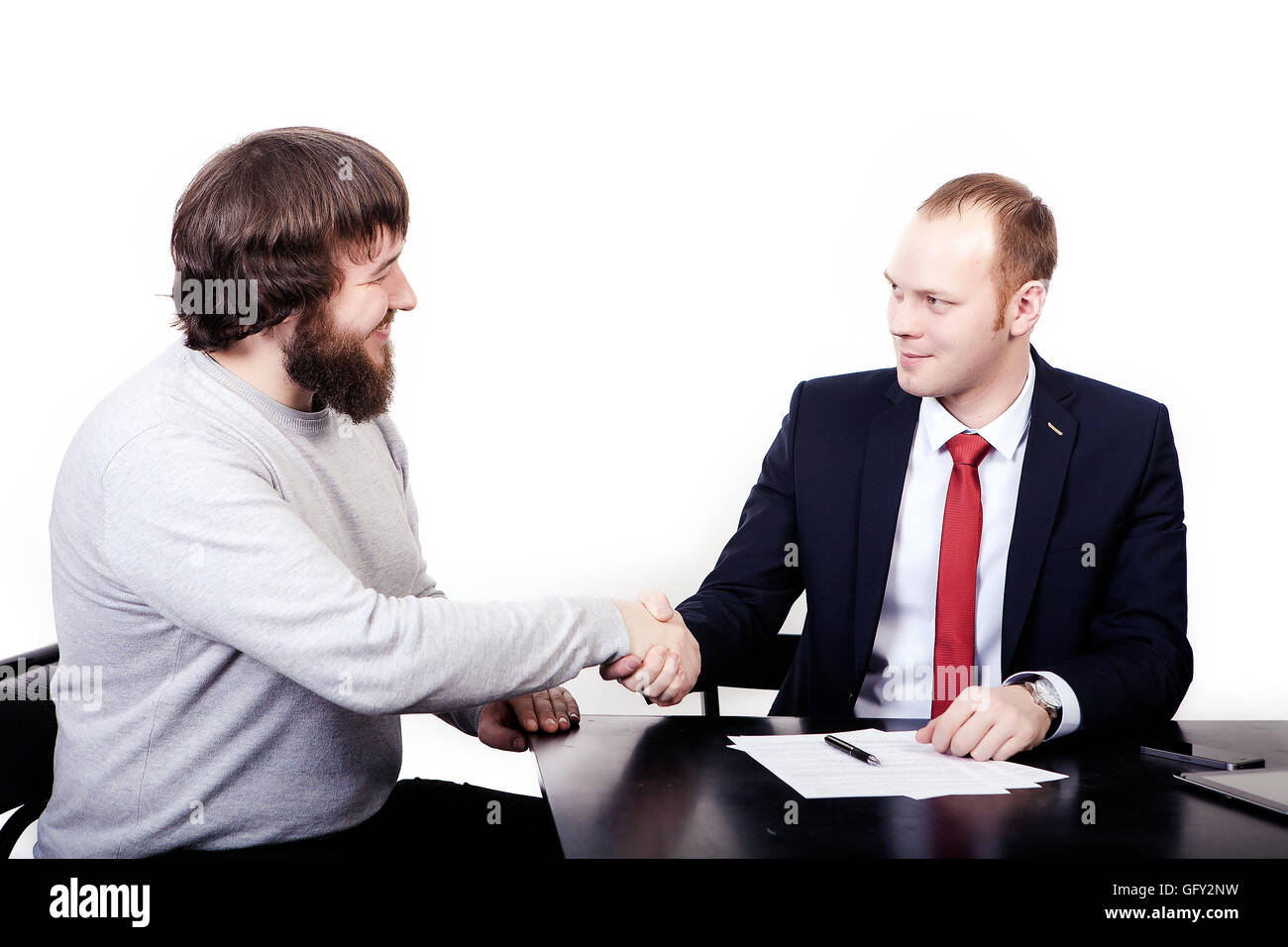 Caucasian businessmen in elegant suits, hold folder, files, documents ...