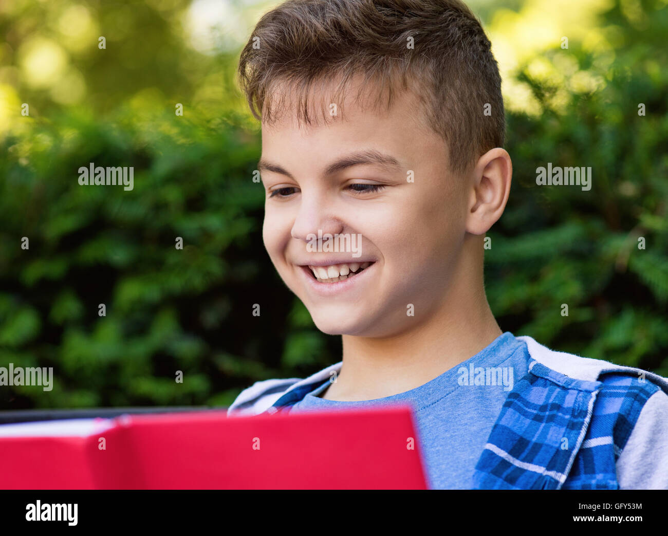 Teen boy reading book Stock Photo - Alamy