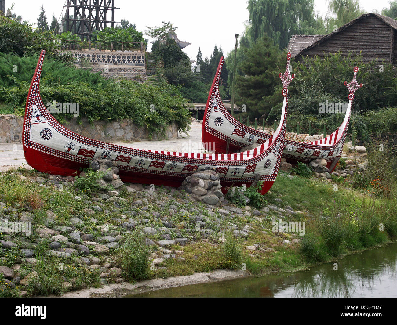 Hand-painted boats of the Li people in the Chinese Ethnic Culture Park ...