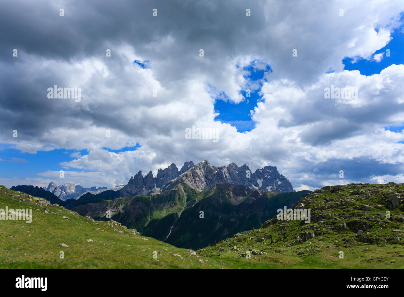 Italian "Dolomiti" panorama from top of a mountain. Hiking and outdoor ...