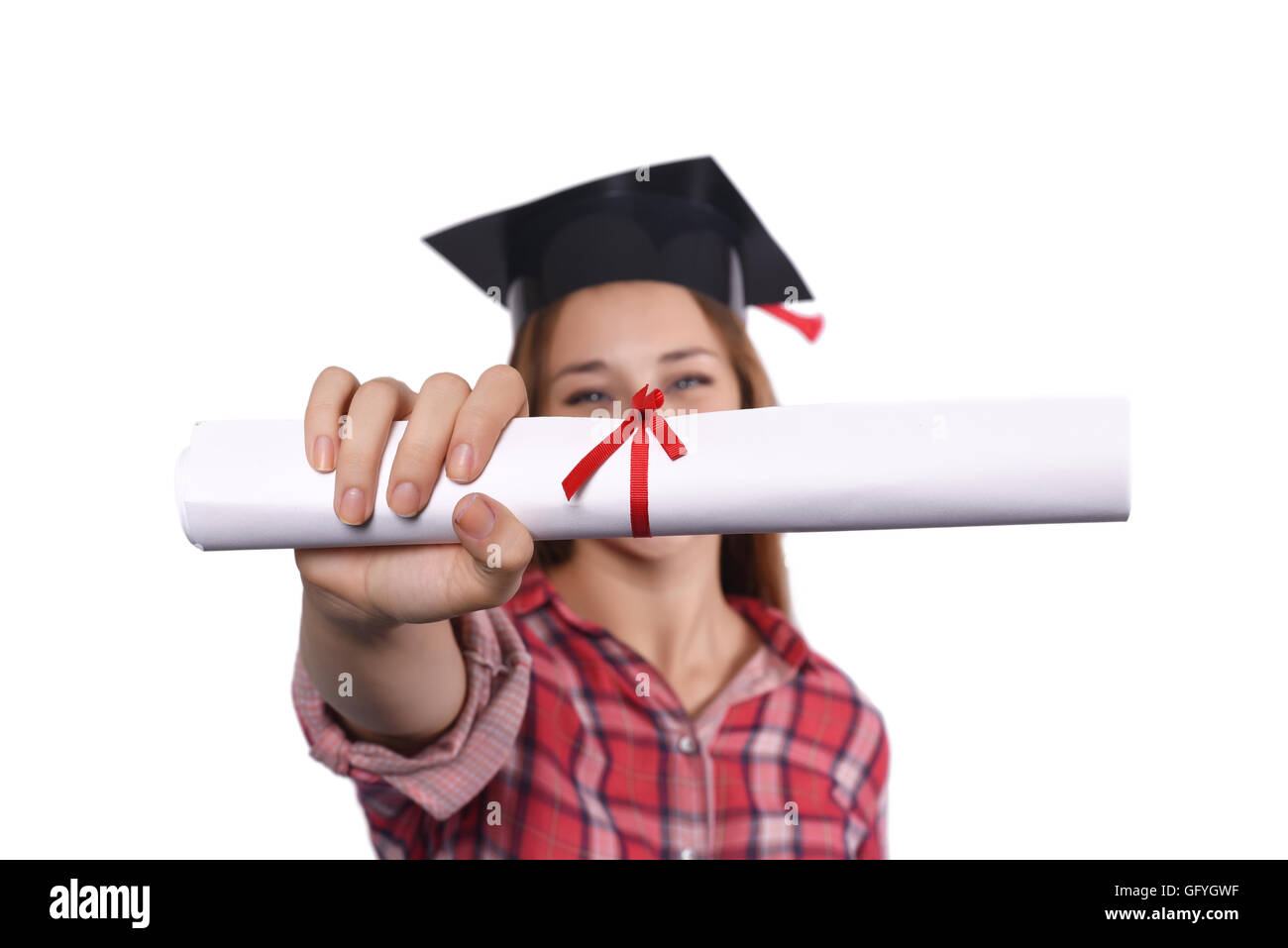 Close up of young beautiful student with diploma and graduation cap ...