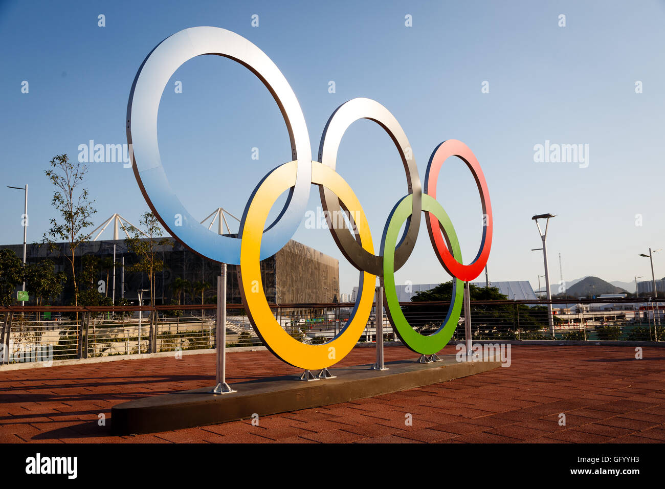 Rio de Janeiro, Brazil. August 1, 2016. Olympic rings in Barra Olympic ...