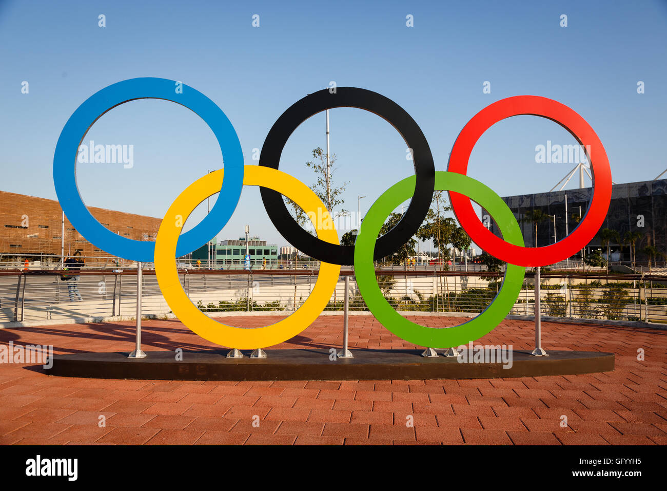 Rio de Janeiro, Brazil. August 1, 2016. Olympic rings in Barra Olympic ...