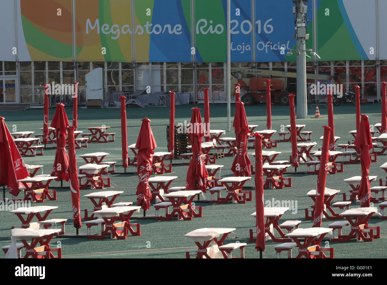 Empty tables sit in front of the Rio 2016 Megastore at Olympic Park ...